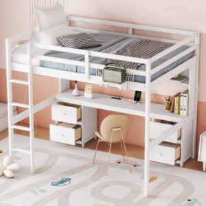 Full Size Loft Bed with Desk and Storage, Wooden Loft Beds Frame with Charging Station, High Loft Beds with 4 Drawers & 4 Shelves & 2 Outlets & 2 USB Port for Kids Teens Adults, White