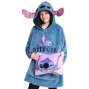 disney stitch girls teenagers fleece hoodie - hoodie blanket 2 in 1 oversized one size girls gifts (blue stitch)