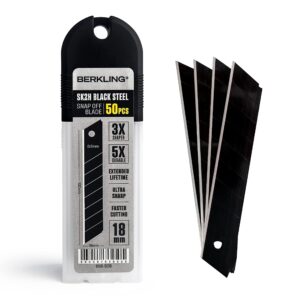 berkling 18mm utility knife blades, 50 pcs | sk2h blackened steel | 3x sharper & 5x more durable than sk5 | fits all 18mm utility knives & box cutters