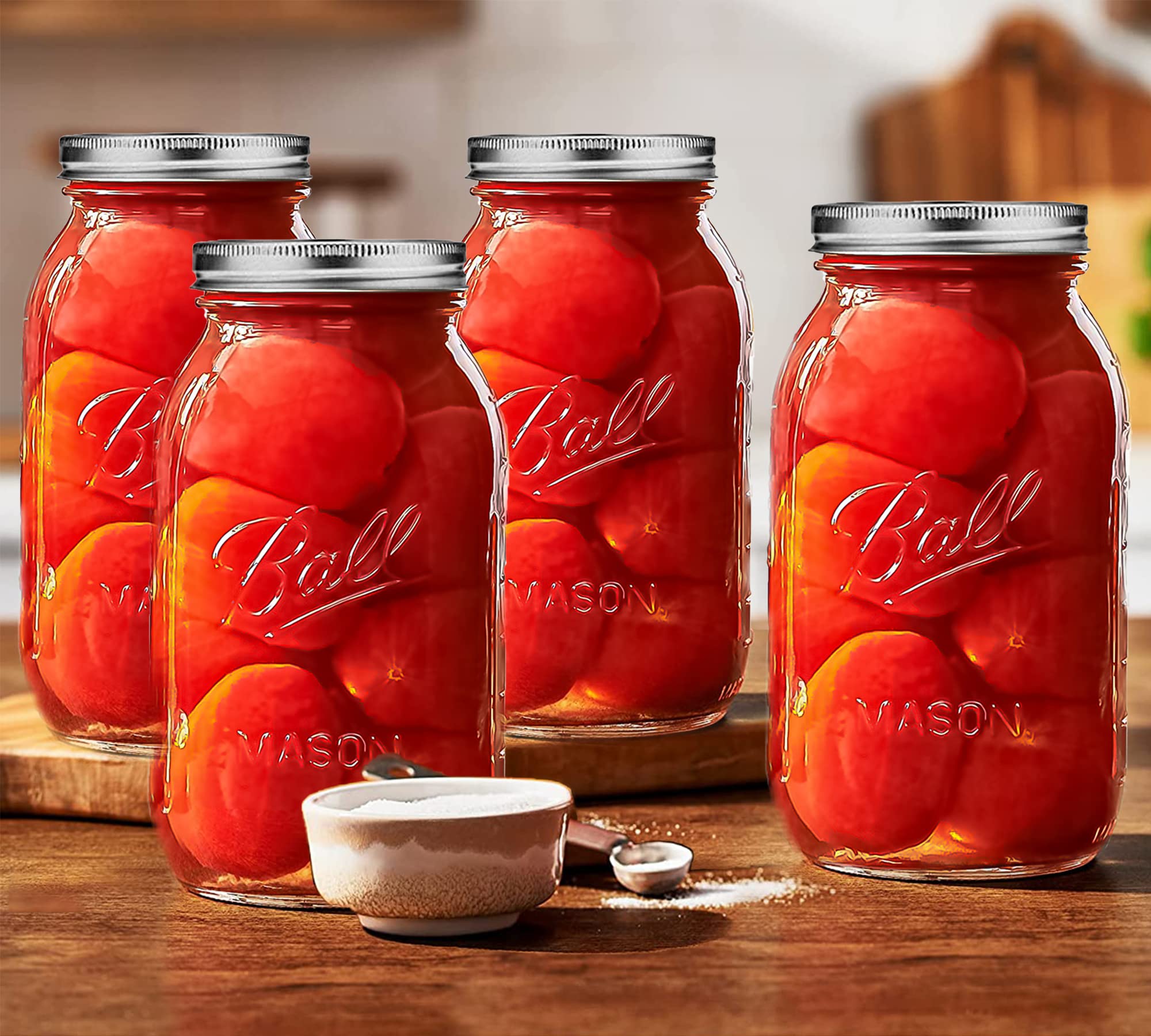 Regular Mouth Mason Jars 32 oz - (4 Pack) - Ball Regular Mouth Quart 32-Ounces Mason Jars With Airtight lids and Bands - For Canning, Fermenting, Pickling, Freezing, Storage + M.E.M Rubber Jar Opener