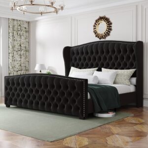 luxoak king platform bed frame with wingback headboard, velvet upholstered bed frame with handmade button tufted & nailhead, wooden slats support, black