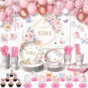 baby shower decorations for girl, 274pcs girl baby shower decorations party supplies (20 guests) floral baby shower decor it is a girl backdrop banner for pink baby shower with plates cups balloons