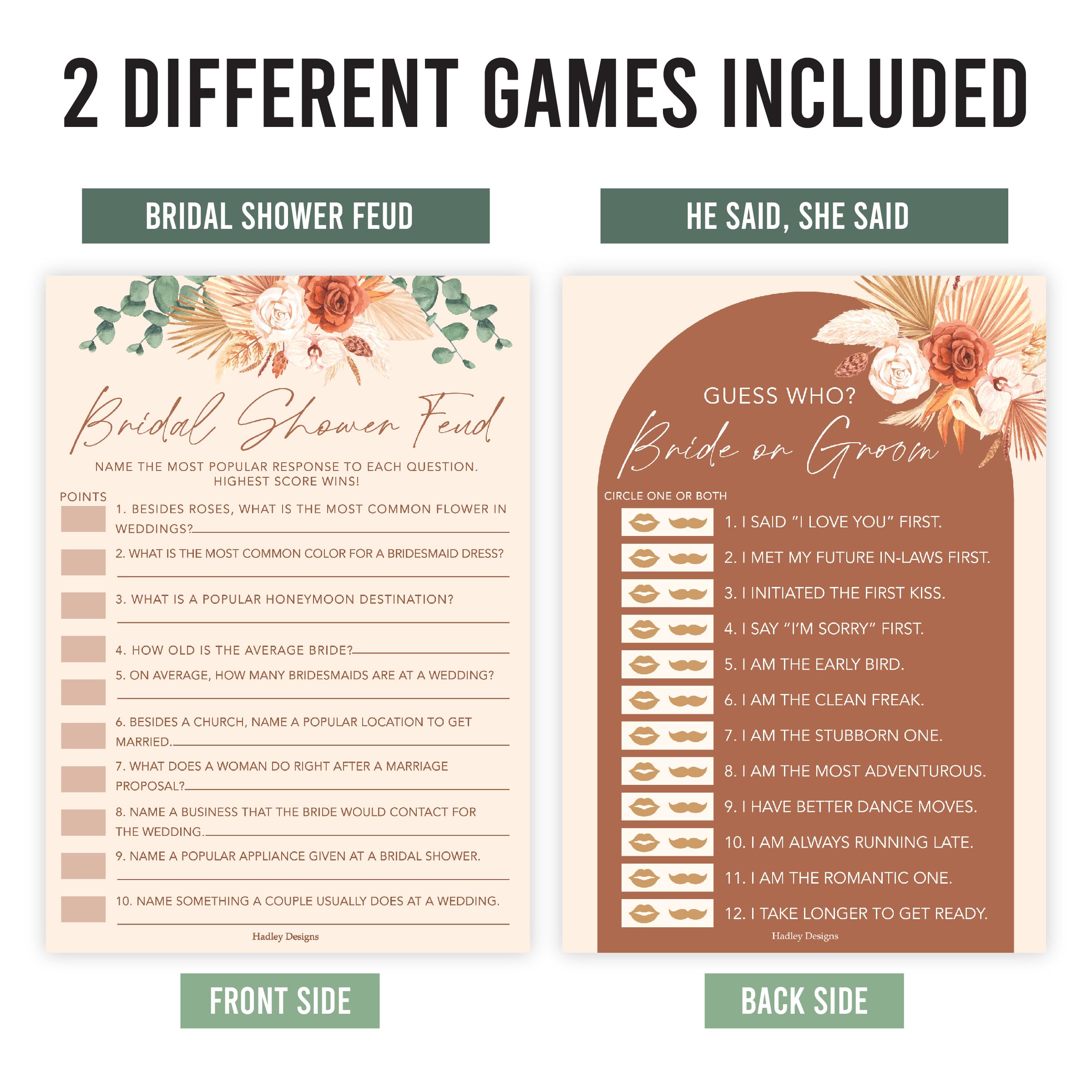 Hadley Designs 20 Boho Bridal Shower Games For 20 Guests - Couples Wedding Shower Games, Bridal Games, He Said She Said Bridal Shower Games, Bridal Shower Family Feud Game