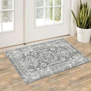 pauwer grey 3'x5' area rug, faux wool, machine made, non-slip, washable, bohemian, retro, vintage, kitchen hallway living room runner