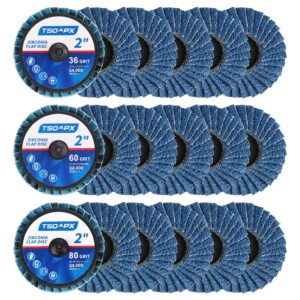 tsoapx 15 pcs flap disc set, 2" zirconia blue flat flap discs roll lock grinding sanding sandpaper wheels grit 36/60/80, surface prep discs for angle grinder strip rust paint removal