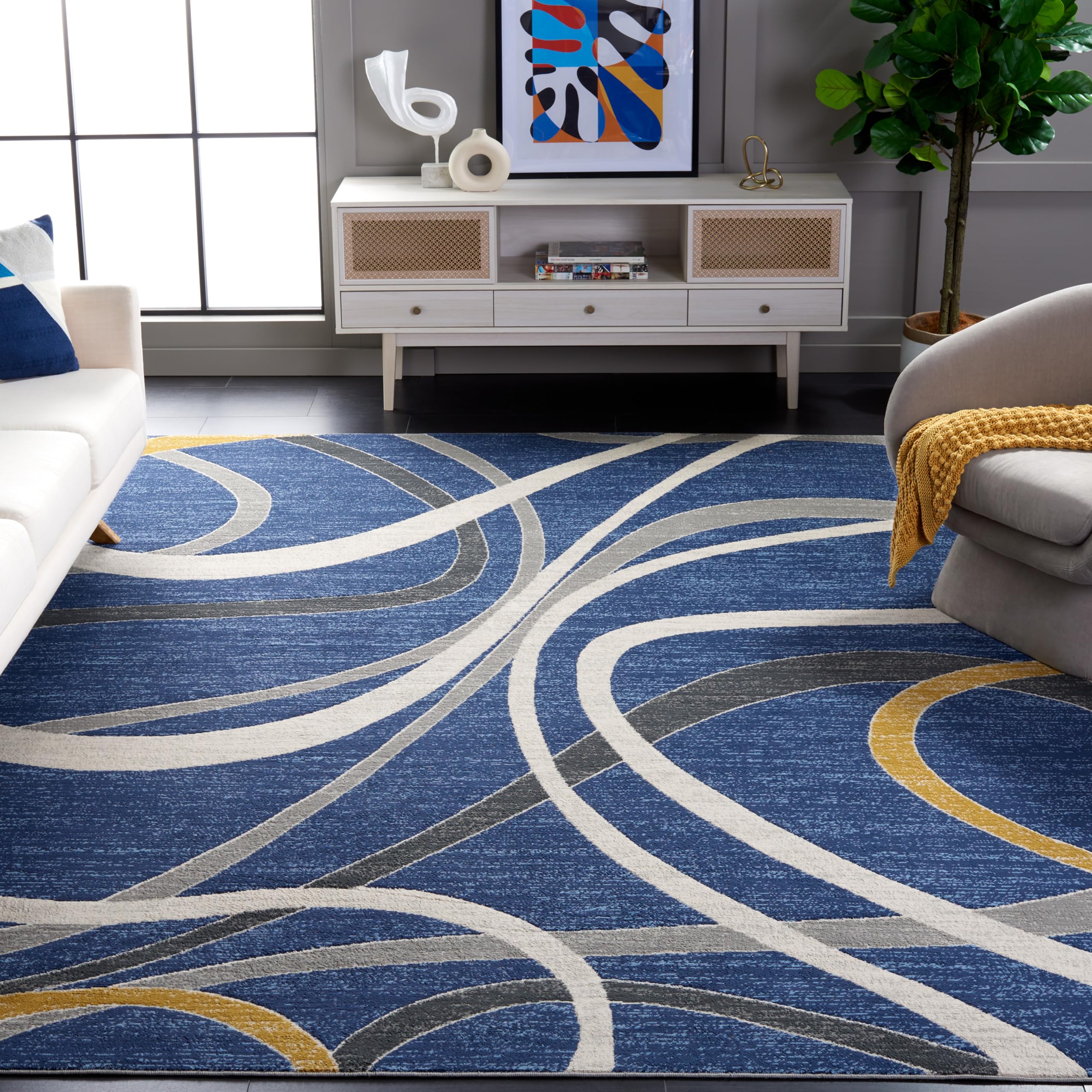 SAFAVIEH Odyssey Collection Area Rug - 8' x 10', Blue & Gold Ivory, Modern Abstract Design, Non-Shedding & Easy Care, Ideal for High Traffic Areas in Living Room, Bedroom (ODY812M)