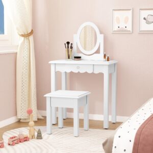 kids vanity - little girls vanity set with mirror and stool, wooden 2 in 1 toddler vanity makeup desk dressing table with detachable top & drawer, princess vanity dresser set for little girls, white