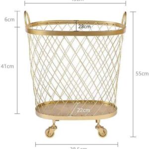 Clothes Storage Basket, Laundry Basket with Wheels, Round Mesh Wrought Iron Toy Storage Box- Home Bathroom Laundry Basket, Laundry Basket, for Clothes, Toy Storage, Dirty Clothes Storage Box (Gold)