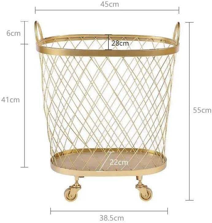 Clothes Storage Basket, Laundry Basket with Wheels, Round Mesh Wrought Iron Toy Storage Box- Home Bathroom Laundry Basket, Laundry Basket, for Clothes, Toy Storage, Dirty Clothes Storage Box (Gold)