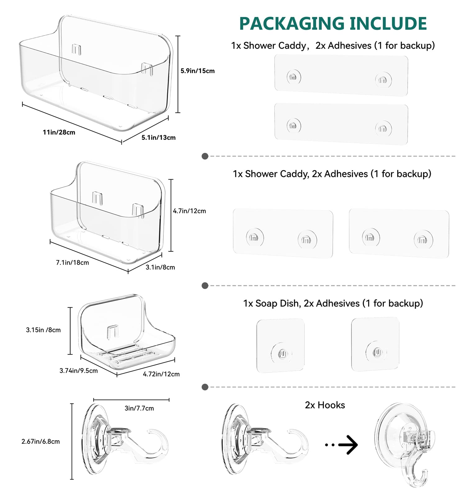 JNDETOP Shower Shelves, 5 Pack Adhesive Clear Acrylic Bathroom Shower Organizer Caddy, Transparent No Drilling Wall Mount Shower Storage with Soap Holder and Hooks