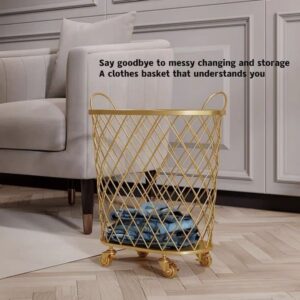 Clothes Storage Basket, Laundry Basket with Wheels, Round Mesh Wrought Iron Toy Storage Box- Home Bathroom Laundry Basket, Laundry Basket, for Clothes, Toy Storage, Dirty Clothes Storage Box (Gold)