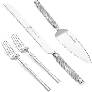 roxburgh wedding cake knife and server set, mr and mrs forks, cake cutting set for wedding, 420 stainless steel silver cake cutter and pie server slicer, rhinestones studded handle engagement