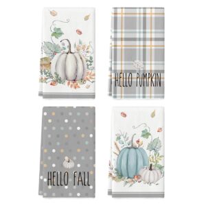 artoid mode blue watercolor stripes hello pumpkin fall kitchen towels dish towels, 18x26 inch seasonal leaves decoration hand towels set of 4