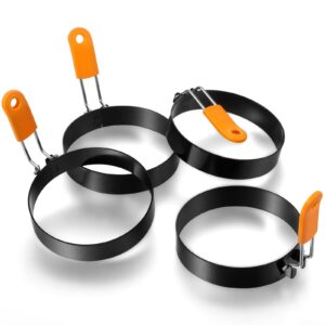 patelai 4 pcs professional egg ring pancake ring set stainless steel fried egg ring griddle pancake shapers with orange silicone handle for breakfast omelette sandwich (4 pcs, 4 inch)