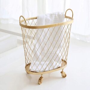 clothes storage basket, laundry basket with wheels, round mesh wrought iron toy storage box- home bathroom laundry basket, laundry basket, for clothes, toy storage, dirty clothes storage box (gold)