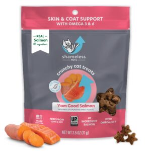 shameless pets crunchy cat treats - kitty treats for cats with skin & coat support, natural ingredients kitten treats with real salmon, healthy flavored feline snacks - yam good salmon, 1-pk