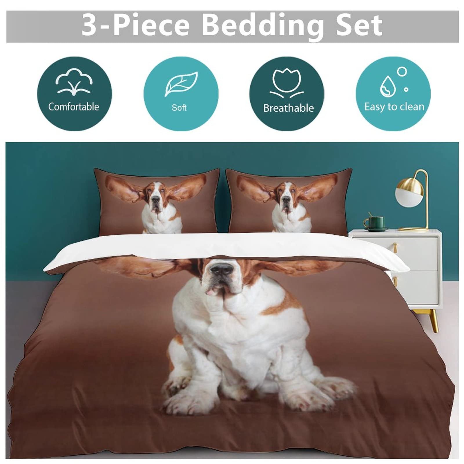 Basset Hound Dog Flying Ears 3 Piece Comforter Sets Bed Set Sheet and Pillowcases 1 Duvet Cover and 2 Pillowcases