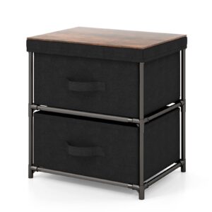 giantex nightstand with 2 fabric drawers, small storage dresser with metal frame and wood top for closet, 2-drawer bedside table with removable lid for bedroom dorm, easy assembly (1, black)