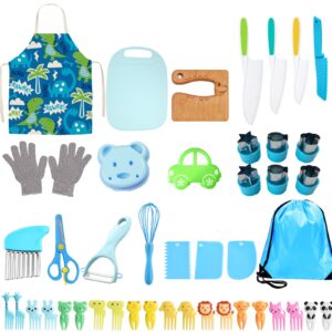 44 pcs kids knife for real cooking, hombae toddler cooking set safety wooden plastic knives cutting board bread fruit fork crinkle cutter peeler scissor cream scraper egg beater glove apron bag blue