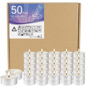 50-pack tea lights candles,white unscented smokeless votive little candles for anniversaries,wedding,birthdays,4 hours