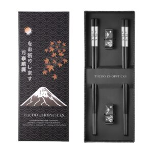 metal chopsticks reusable 2 pairs titanium plated 18/8 stainless steel chopsticks with holder, dishwasher safe non-slip japanese style laser engraved chop sticks gift set (black)