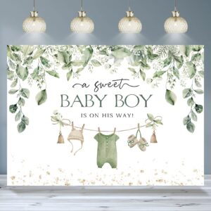 rsuuinu baby shower backdrop for boys greenery a sweet baby boy is on the way photography background newborn kids boy green leaves baby shower party decorations banner supplies photo booth props 7x5ft