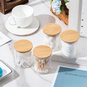 Yaomiao 6 Cotton Pad Holder Bathroom Container, 10 oz Cotton Ball Swabs Dispenser, Clear Plastic Apothecary Jar Organizer with Bamboo Lids for Storage Floss Pick Makeup(Wood Color)