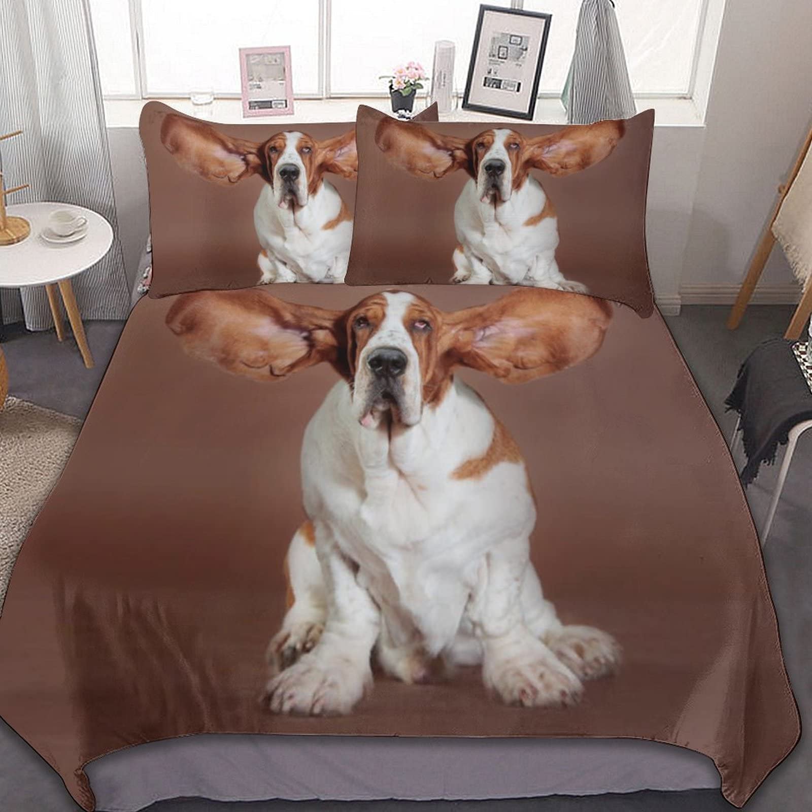 Basset Hound Dog Flying Ears 3 Piece Comforter Sets Bed Set Sheet and Pillowcases 1 Duvet Cover and 2 Pillowcases