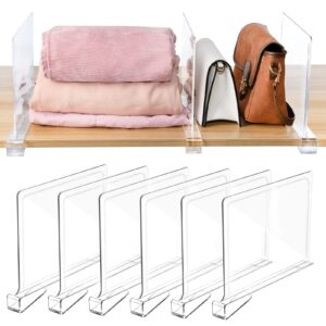 honsreo shelf dividers for closet organization, 6 pack acrylic shelf divider for clothes purses, clear plastic separators for wood shelves organizer, cabinets, bedroom, kitchen, office