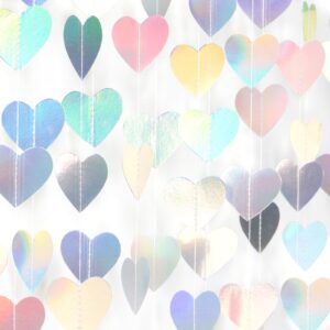 iridescent disco-holographic party-decorations love-heart garland - 52ft wedding hanging decoration neon streamers banner, birthday bachelorette baby bridal shower engagement valentines decor panduola