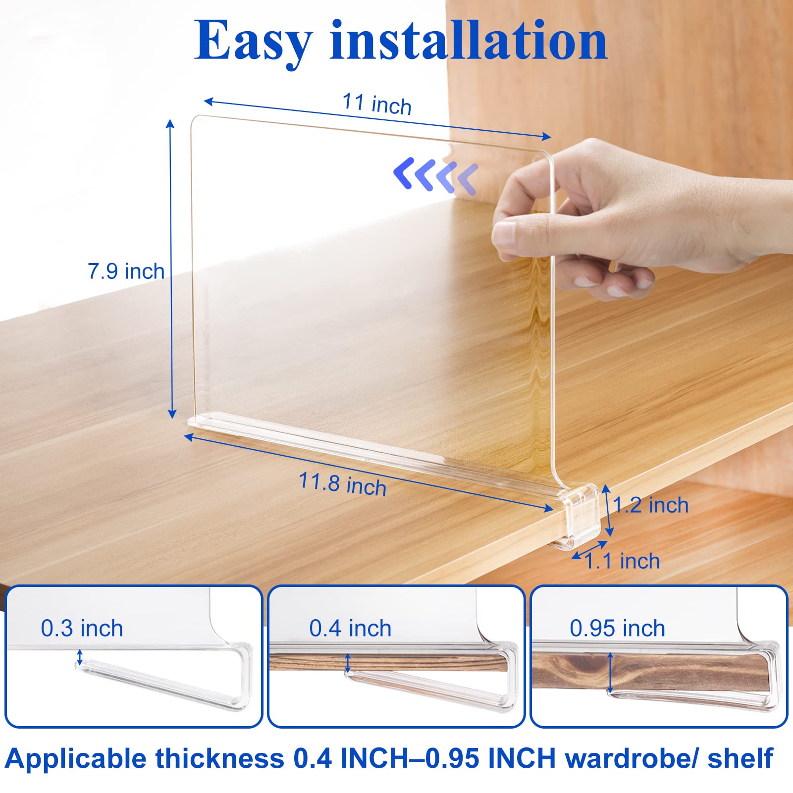 HONSREO Shelf Dividers for Closet Organization, 6 Pack Acrylic Shelf Divider for Clothes Purses, Clear Plastic Separators for Wood Shelves Organizer, Cabinets, Bedroom, Kitchen, Office