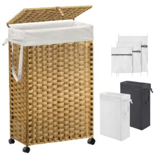 70l slim laundry hamper with lid & wheels, rolling laundry basket with 2 removable liner bags & 3 mesh bags, narrow dirty clothes basket, foldable handwoven rattan laundry sorter, natural