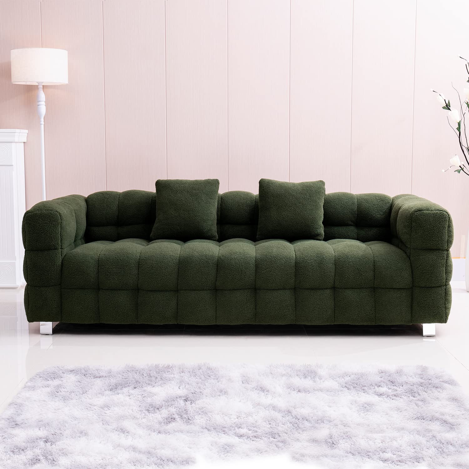 kevinplus 80" Green Cloud Sofa Couch for Living Room, Futon 3-Seat Chesterfield Sofa Upholstered Contemporary Couch with Pillows & Sliver Metal Leg for Bedroom Apartment, Green