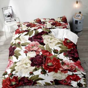 luvivihome 2pcs white pink red burgundy floral duvet cover, twin bedding sets, shabby chic watercolor vintage flower peony rose green leaves botanical comforter bedspread quilt cover, 1 pillow sham