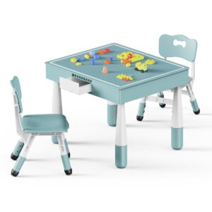 brelley kids table and chairs set building blocks table with storage and drawers, height adjustable chairs, reversible top activity table, craft & play table gift for ages 2-8, grayish blue