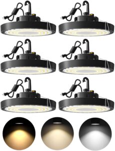 vanoopee 6 pack 200w high bay led lights 3000k 4000k 5000k bright ufo led high bay light commercial bay lighting for warehouse workshop barn garage - 5' cable with plug, ip65 28000lm(800w mh/hps eqv.)