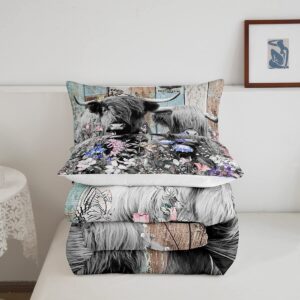 Highland Cattle Full Size Comforter Set,Farmhouse Cow Wild Animals Flowers Bedding Comforters Bedroom Collection,Rustic Country Wooden Board Bedding Set for Girls Teens