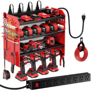 pokipo power tool organizer wall mount with charging station,tool storage rack with 8 outlet power strip,heavy duty metal battery utility rack with 4 cordless drill holder 6.56 ft cord for garage