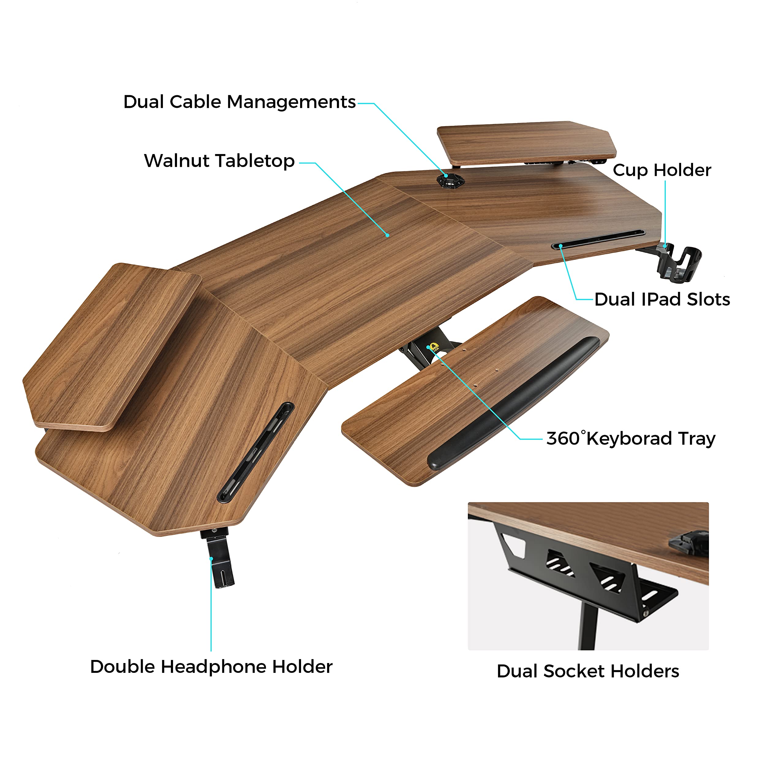 EUREKA ERGONOMIC 72" Computer Desk W Keyboard Tray, Wing-Shaped Music Studio Desk, Large Gaming Desk W LED Convertible Monitor Stand Dual Headphone Hanger for Recording Live Streamer, Walnut Wood