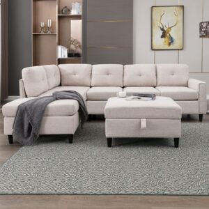 zafly 101" sectional couch, l shaped sofa with storage, convertible sofá 4-seat with reversible chaise, living room fabric sofa sets with cup holders -beige