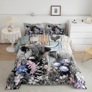 highland cattle full size comforter set,farmhouse cow wild animals flowers bedding comforters bedroom collection,rustic country wooden board bedding set for girls teens