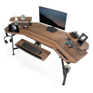 eureka ergonomic 72" computer desk w keyboard tray, wing-shaped music studio desk, large gaming desk w led convertible monitor stand dual headphone hanger for recording live streamer, walnut wood