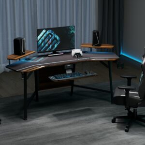 EUREKA ERGONOMIC 72" Computer Desk W Keyboard Tray, Wing-Shaped Music Studio Desk, Large Gaming Desk W LED Convertible Monitor Stand Dual Headphone Hanger for Recording Live Streamer, Walnut Wood