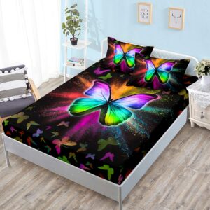 hosima colorful butterfly fitted sheet sets,soft decorative fabric bedding all-round elastic pocket black twin fitted sheet,colorful ink galaxy aesthetic butterfly bed set home decor for girls.