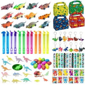 dinosaur theme party favors supplies 96 pcs birthday party decorations goodie boxes hatching eggs figures keychains pull back cars bubble wands slap bracelets stickers toys for kids boys girls