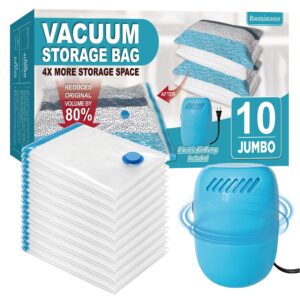 vacuum storage bags with electric pump, 10 jumbo space saver bags vacuum seal bags with pump, space bags, vacuum sealer bags for clothes, comforters, blankets, bedding