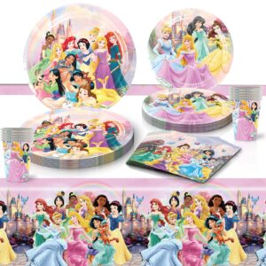 81 pcs princess birthday party supplies, princess tableware set includes 40 pcs plates, 20 pcs napkins, 20 pcs paper cups, 1 pcs tablecover for boys girls birthday party baby shower decorationsq