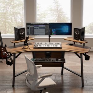 EUREKA ERGONOMIC 72" Computer Desk W Keyboard Tray, Wing-Shaped Music Studio Desk, Large Gaming Desk W LED Convertible Monitor Stand Dual Headphone Hanger for Recording Live Streamer, Walnut Wood