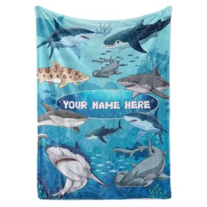 personalized shark blanket for kids - ships next day and made in usa - soft fleece throw bed, cute room decor, plush sofa couch cover, lightweight baby shark toys, custom gift (fleece – 50x60)