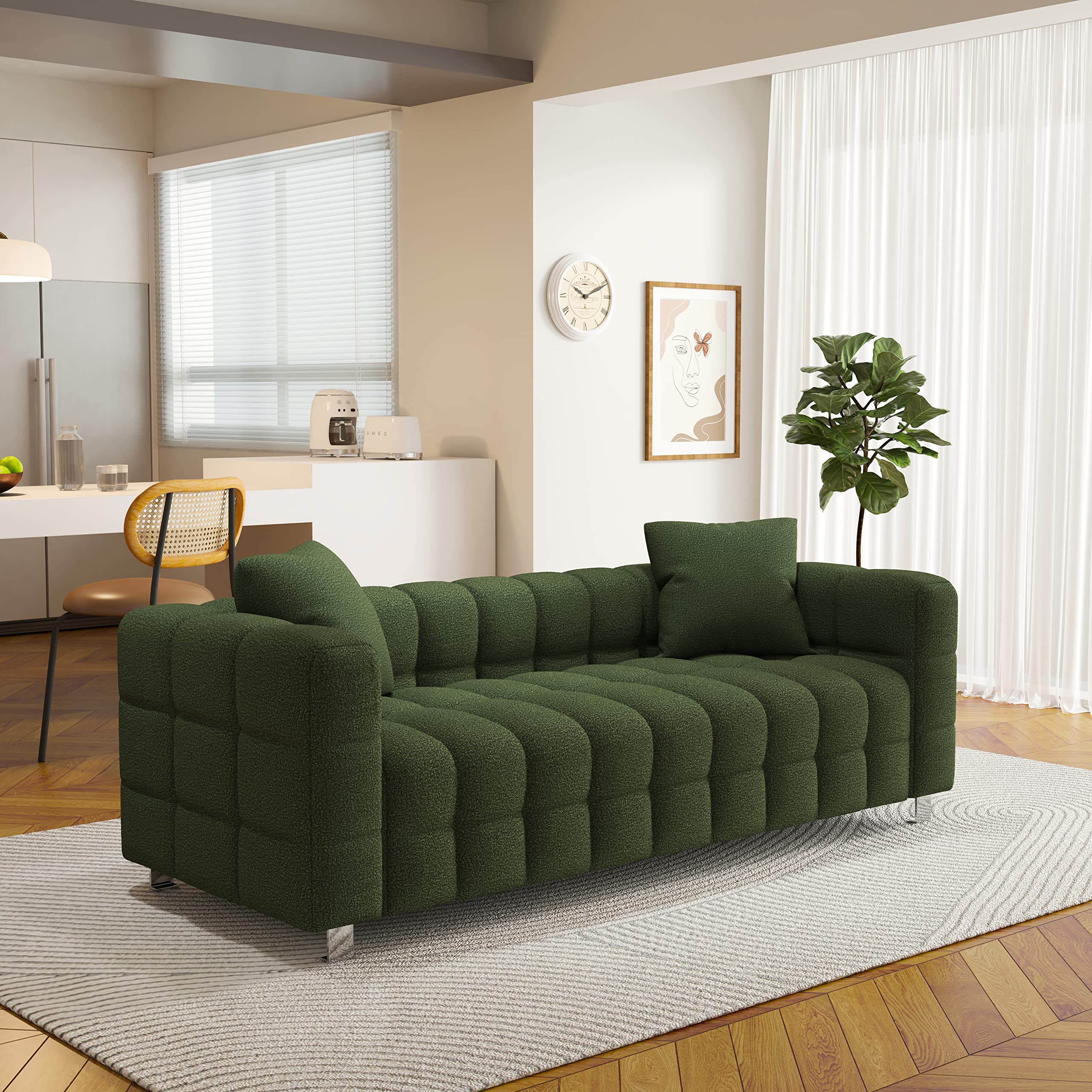 kevinplus 80" Green Cloud Sofa Couch for Living Room, Futon 3-Seat Chesterfield Sofa Upholstered Contemporary Couch with Pillows & Sliver Metal Leg for Bedroom Apartment, Green